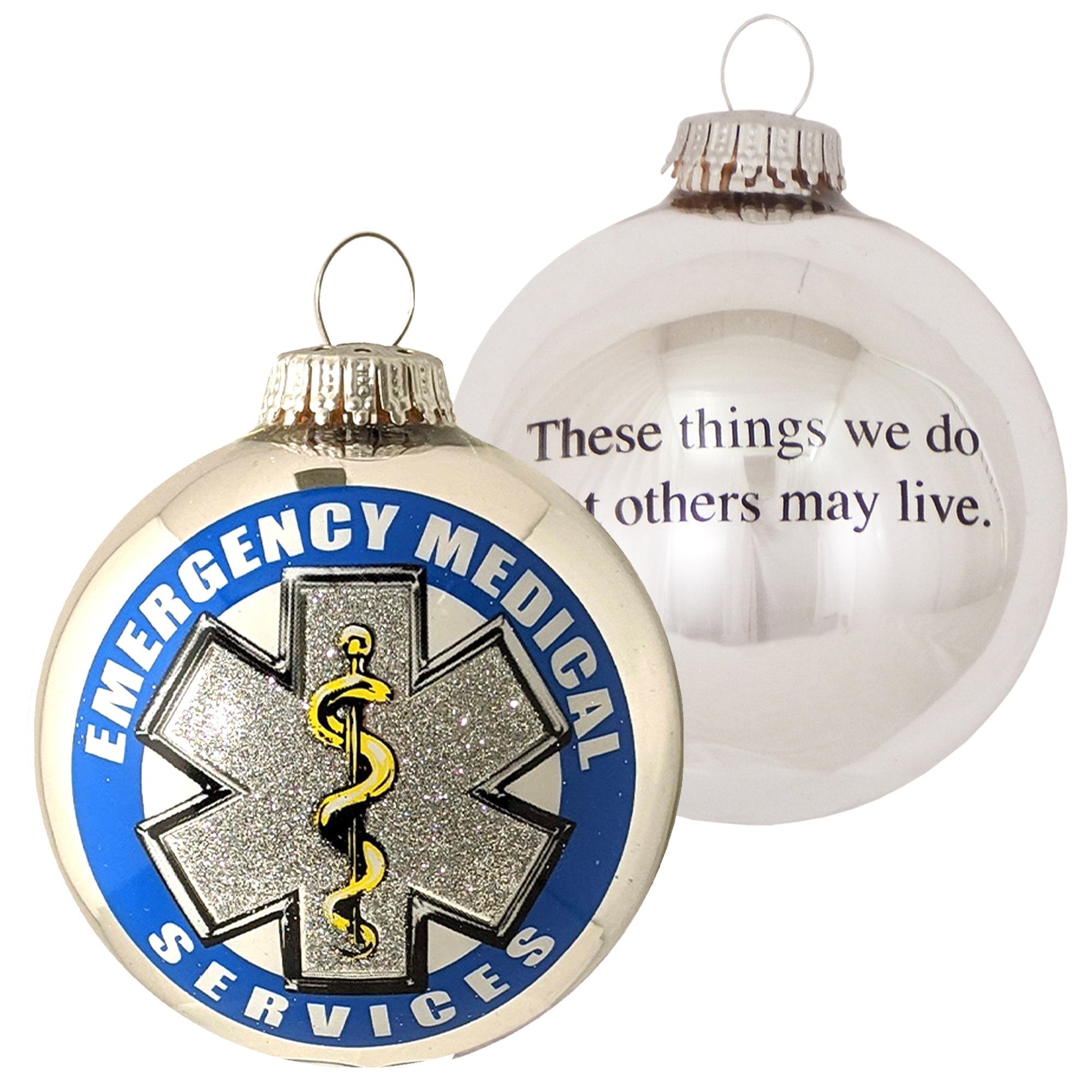 3 1/4" (80mm) Bright Silver Glass Ball Ornaments, First Responder EMS ...